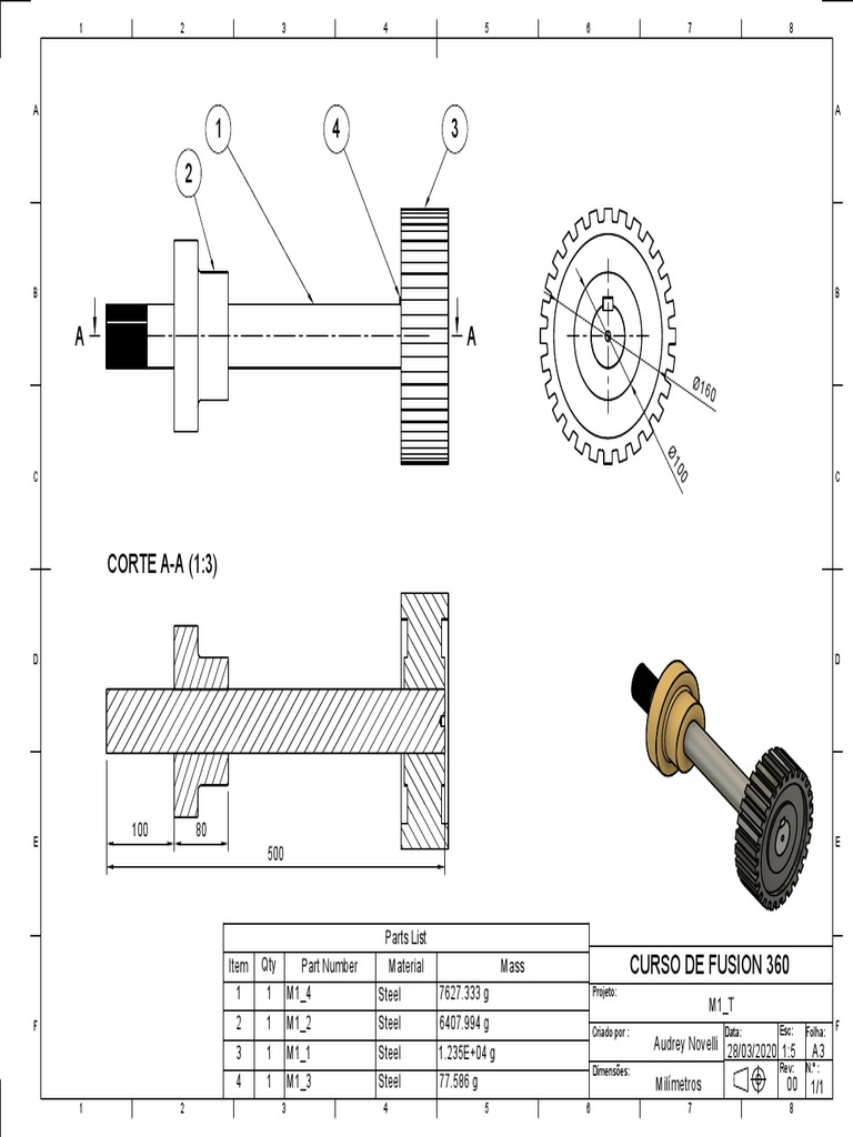 Desenhos técnicos de peças mecânicas com vistas explodida, cortes e ...