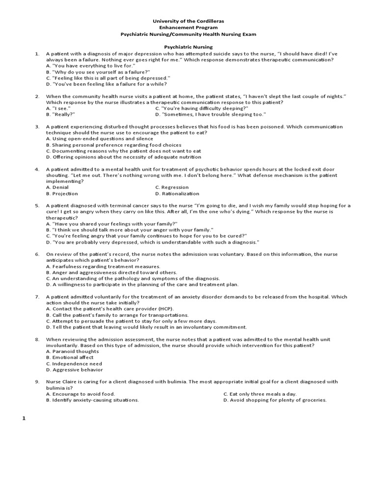 Psychiatric Nursing Exam f2f | PDF | Mental Disorder | Anxiety Disorder
