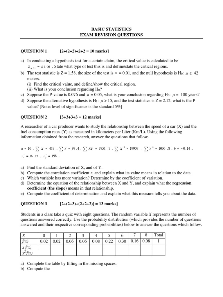 Basic Statistics Exam Revision Questions: X F (X) X F (X) X F (X) | PDF ...