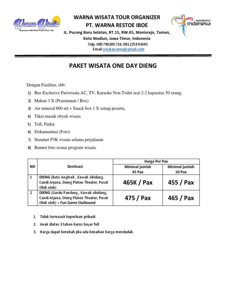 PAKET WISATA ONE DAY DIENG Dan Rundown | PDF