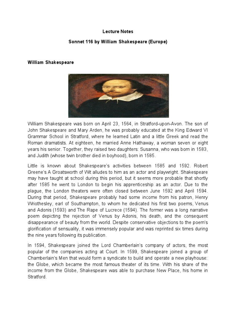 Lecture Notes Sonnet 116 by William Shakespeare (Europe) | PDF ...