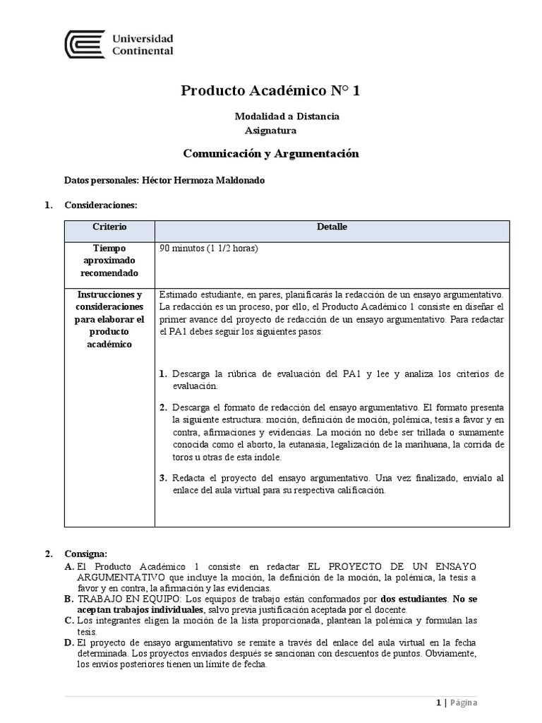 01 Pa1 Comunicación y Argumentación 2021-10 | PDF | Evaluación | Ensayos