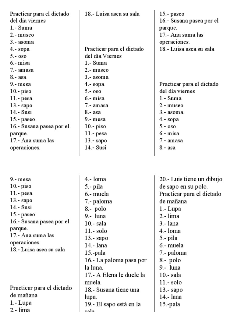 Dictado 1 para 1er Grado | PDF | Comida y bebida