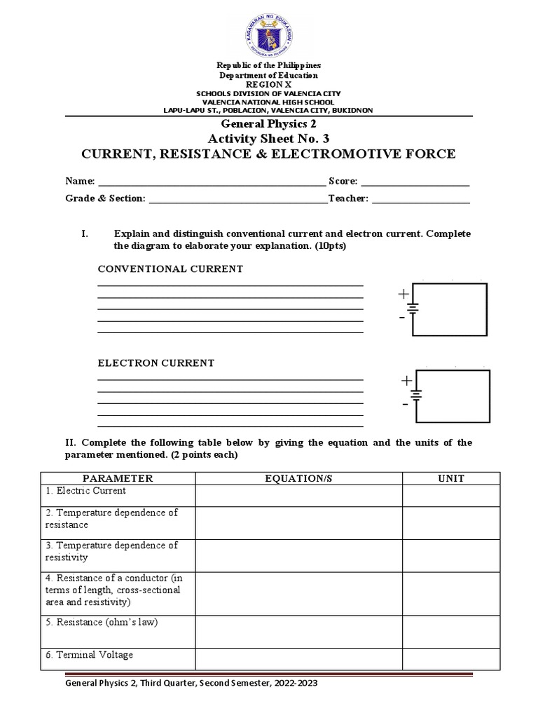 Activity Sheet No. 3 - Current Resistance EMF | PDF | Electrical ...
