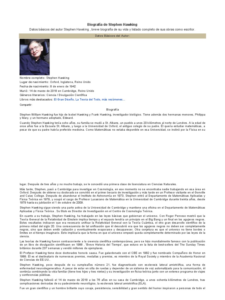 Biografía de Stephen Hawking | PDF | Stephen Hawking | Física teórica