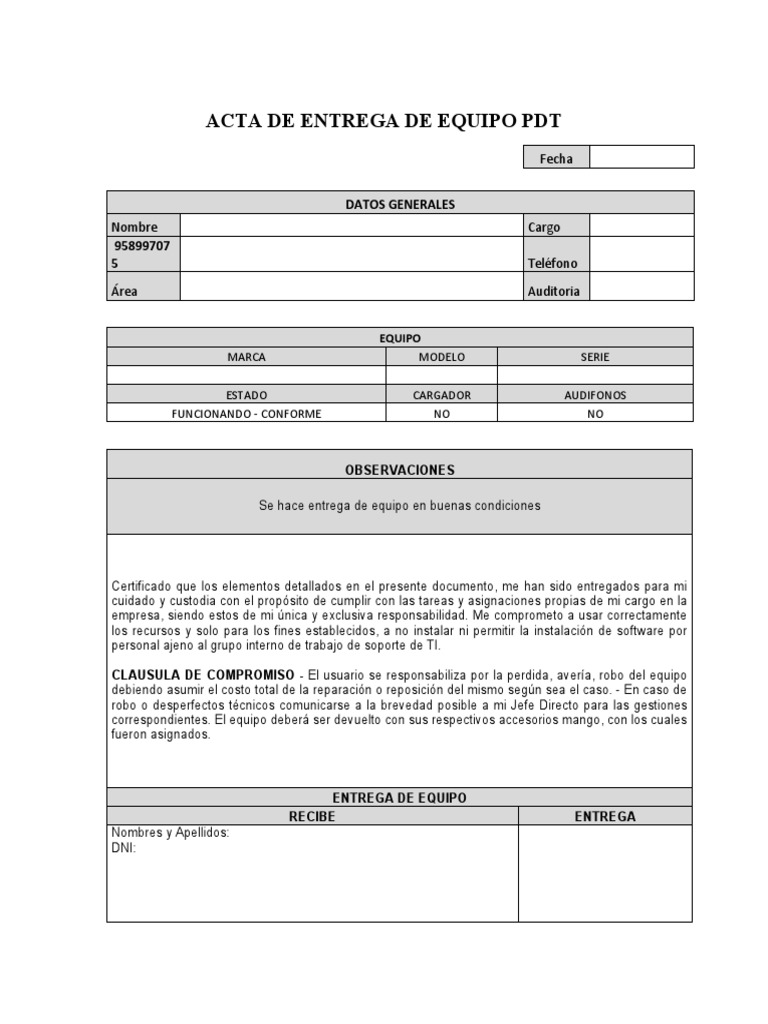 Acta de Entrega de Equipo PDT | PDF | Software | Auditoría