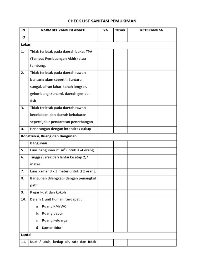 Check List Sanitasi Pemukiman | PDF