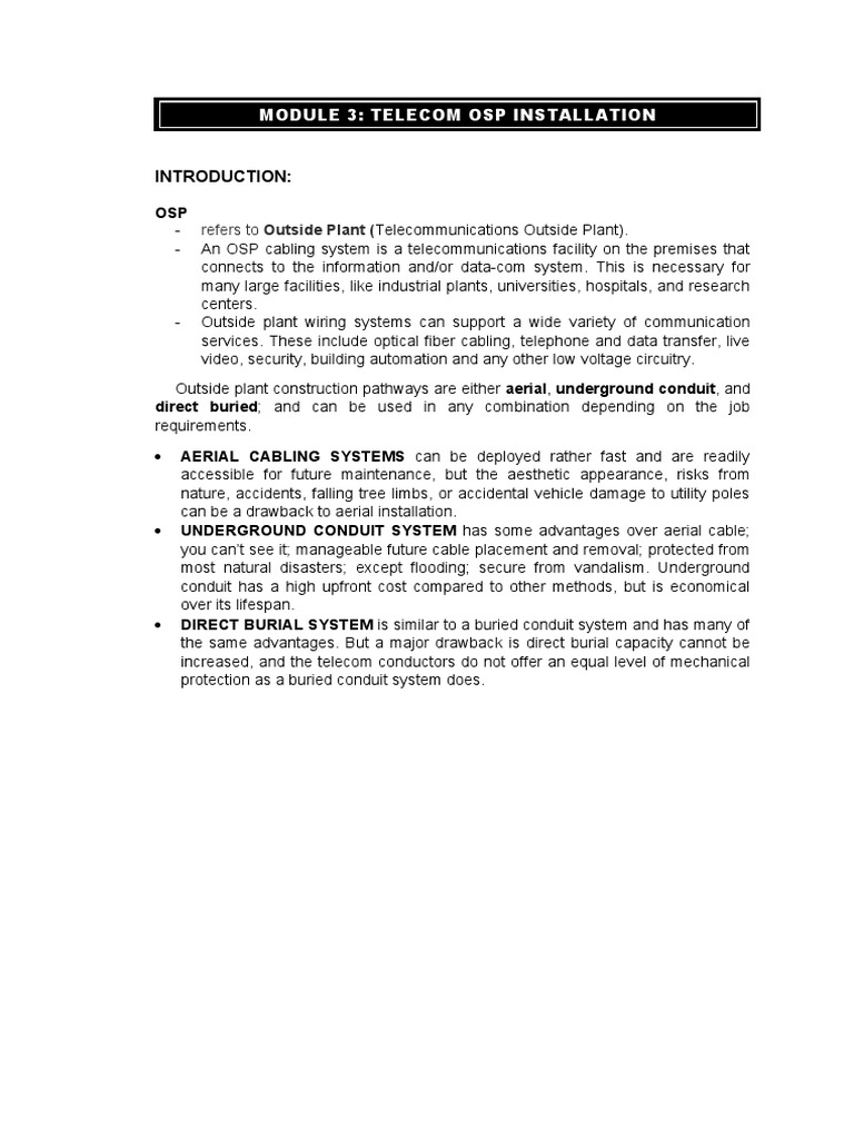 Module 3 Telecom Osp Installation | PDF | Optical Fiber | Fiber Optic ... Module 3 Telecom Osp Installation | PDF | Optical Fiber | Fiber Optic ...