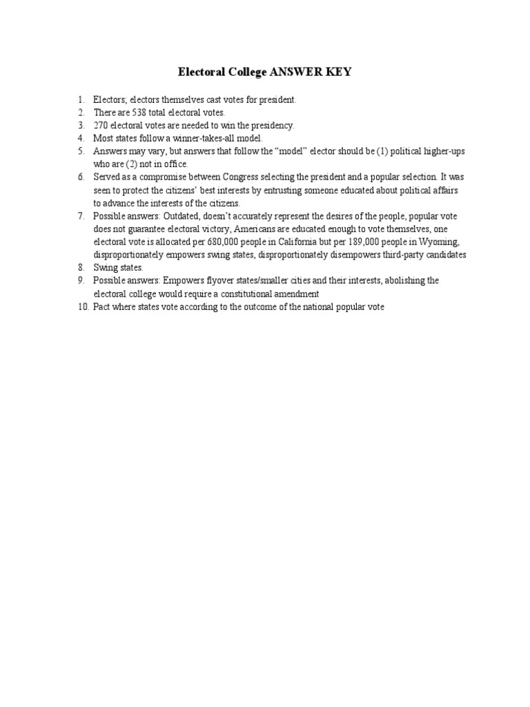 Electoral College ANSWER KEY | PDF