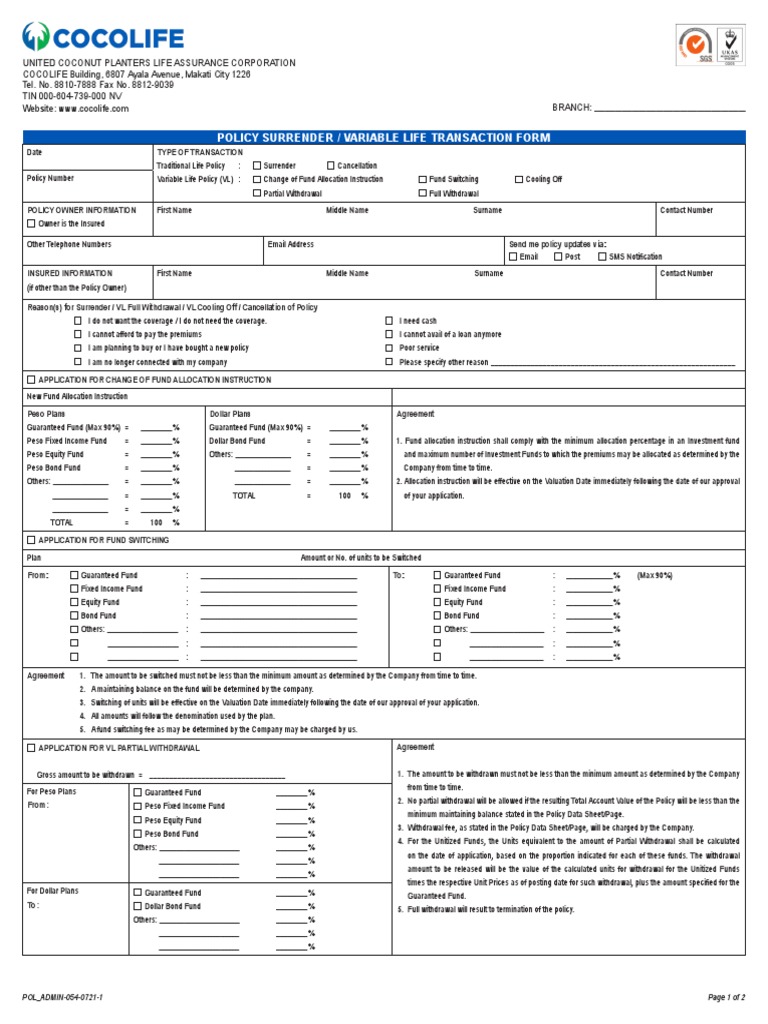 Policy Surrender / Variable Life Transaction Form: POL - ADMIN-054-0721-1 Page 1 of | Download ...