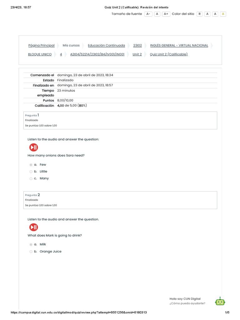 Quiz Unit 2 (Calificable) - Revisión Del Intento | PDF | Soft Drink | Lunch
