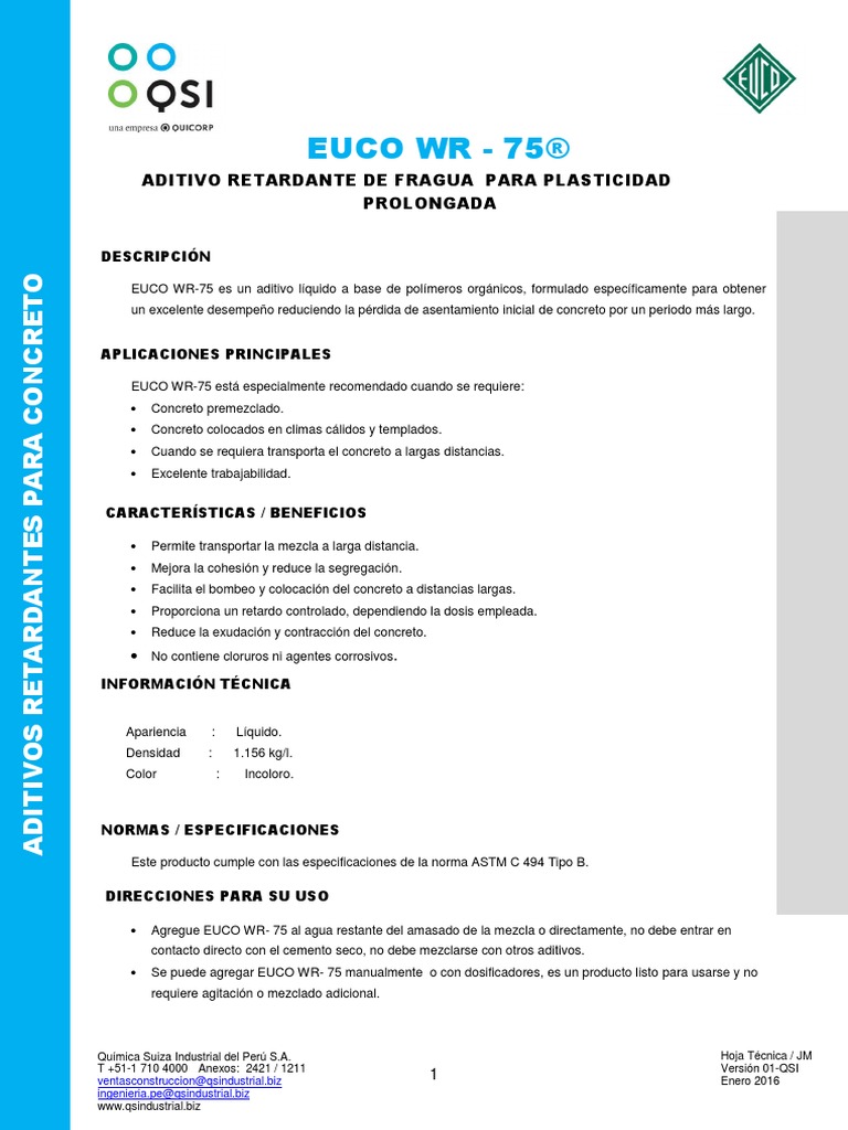EUCO WR 75 Hoja Tecnica | Descargar gratis PDF | Hormigón | Cemento