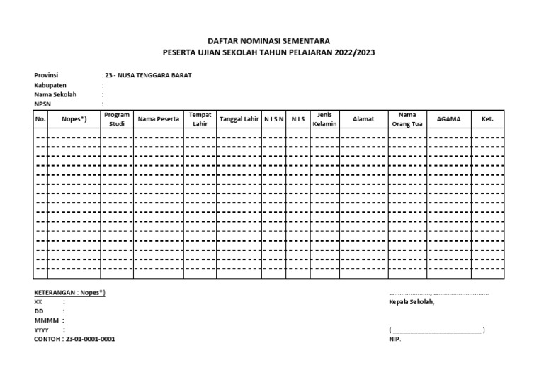 Contoh Format Pendataan Ujian Sekolah 2022 - 2023 | PDF