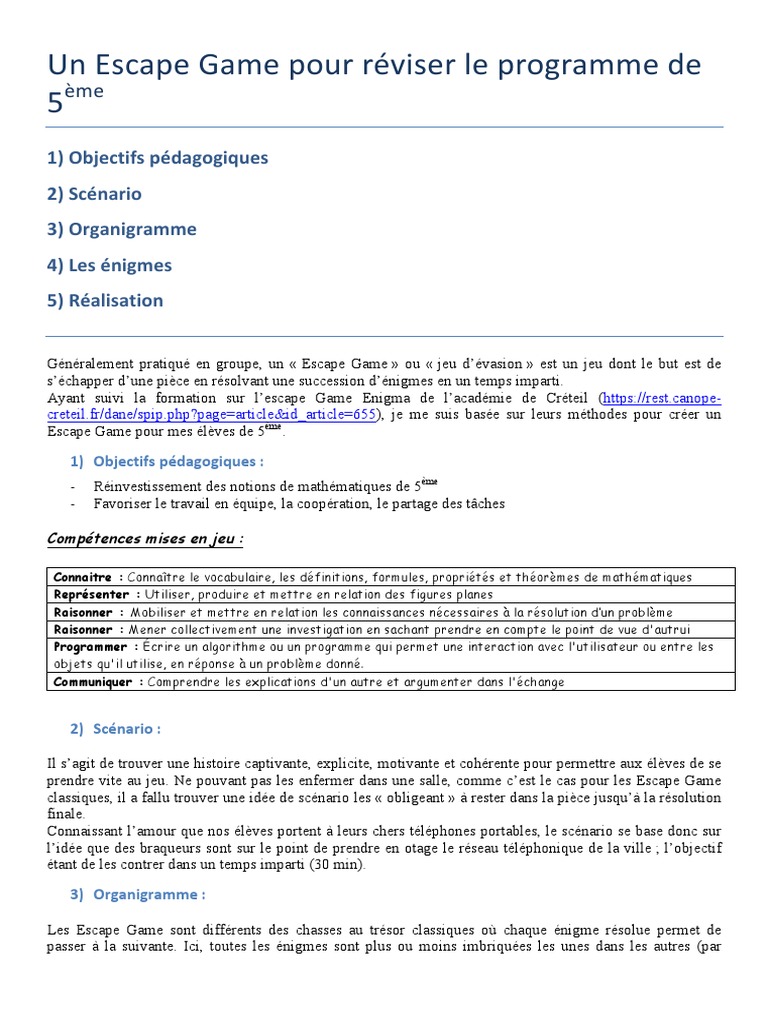 Fiche Escape Game | PDF | Pédagogie