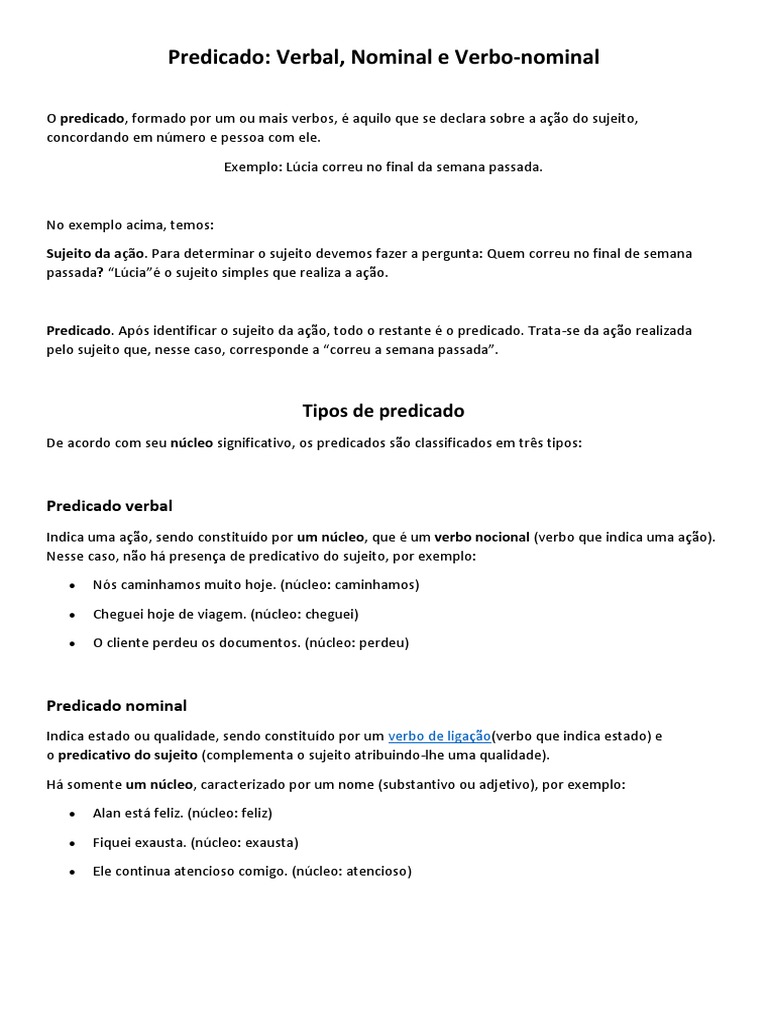 Tipos de Predicado: Verbal, Nominal e Verbo-nominal | PDF