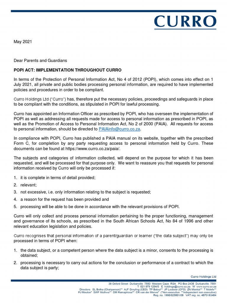 Curro Holdings Implements Comprehensive POPI Compliance Program to ...