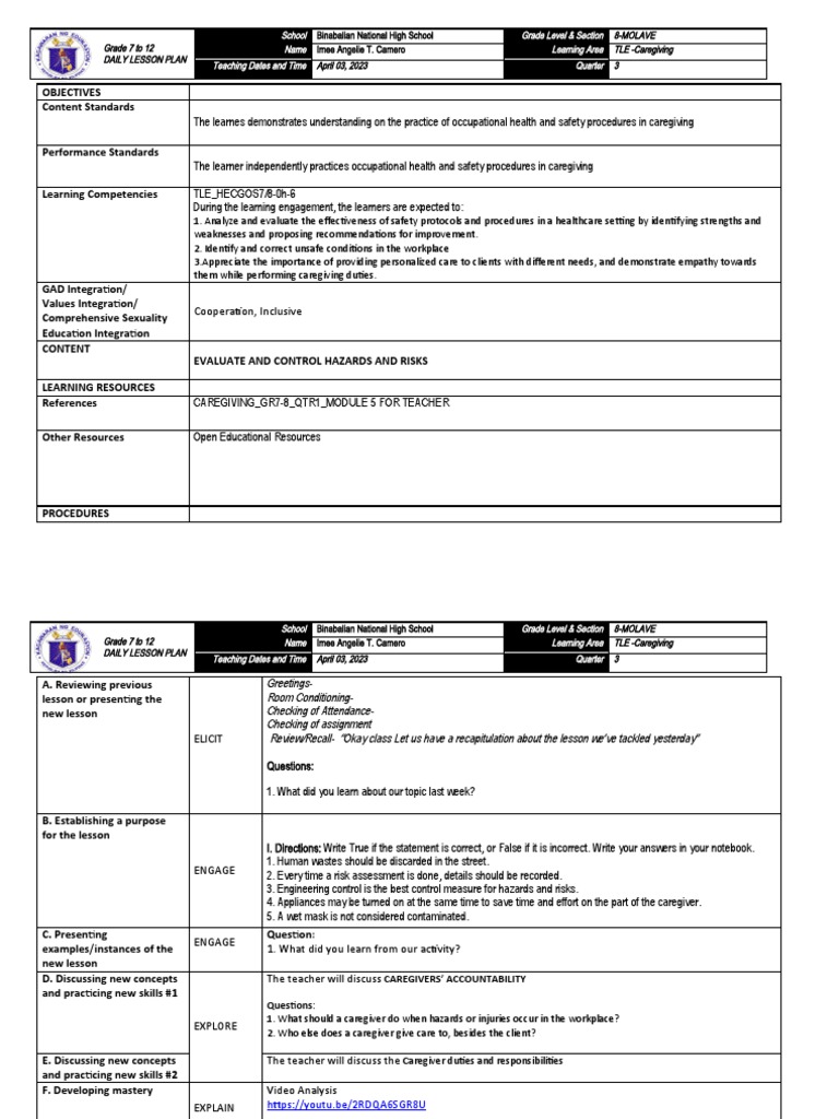 DLP - Caregiving - Day 1 | Download Free PDF | Lesson Plan | Caregiver