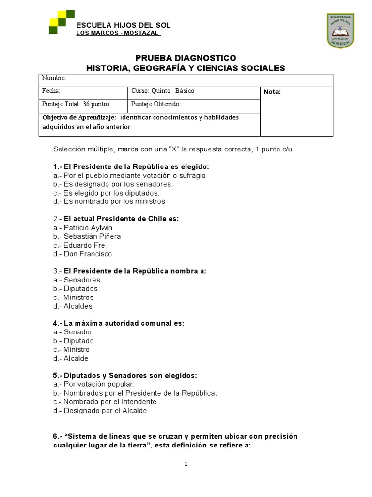 PRUEBA - DE - DIAGNOSTICO - Historia 5 Año | PDF | Américas | Ecuador