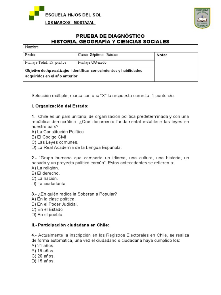 Prueba Diagnóstica: Historia y Geografía 7° Básico | PDF | Chile | Gobierno