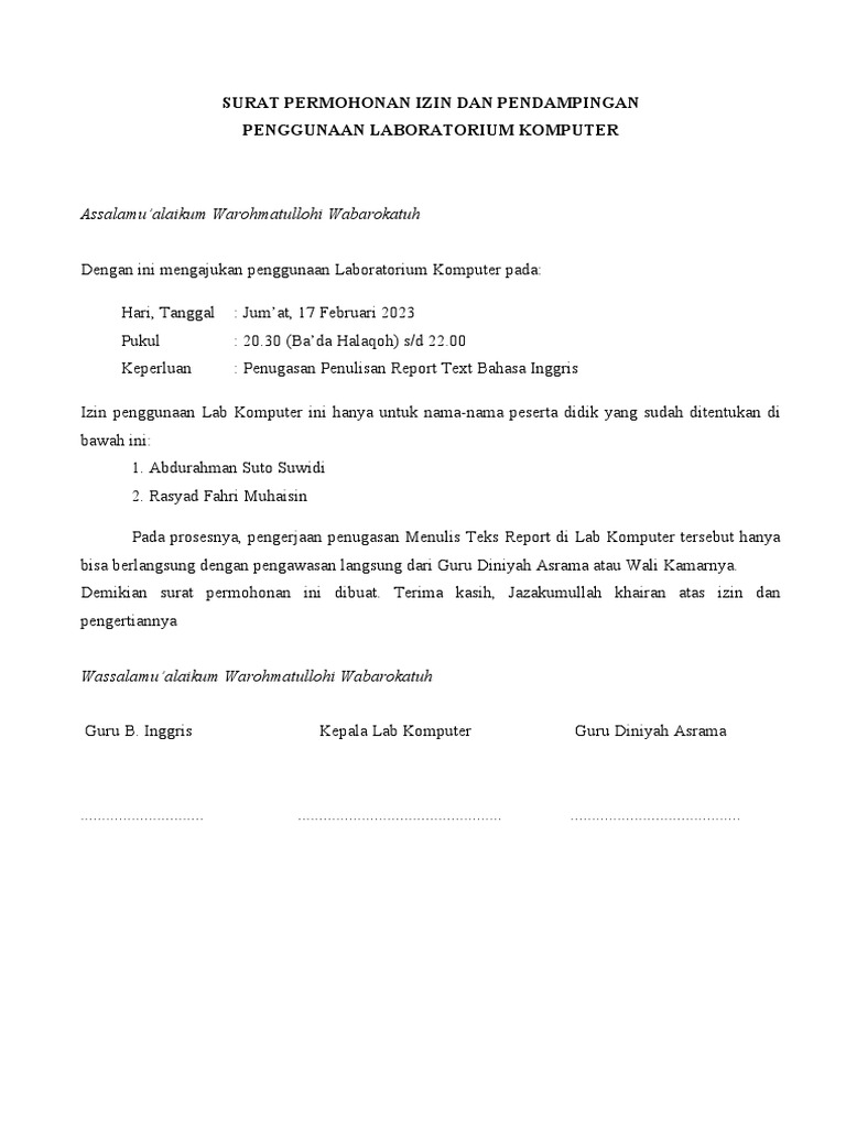 SURAT PERMOHONAN IZIN Penggunaan Lab | PDF