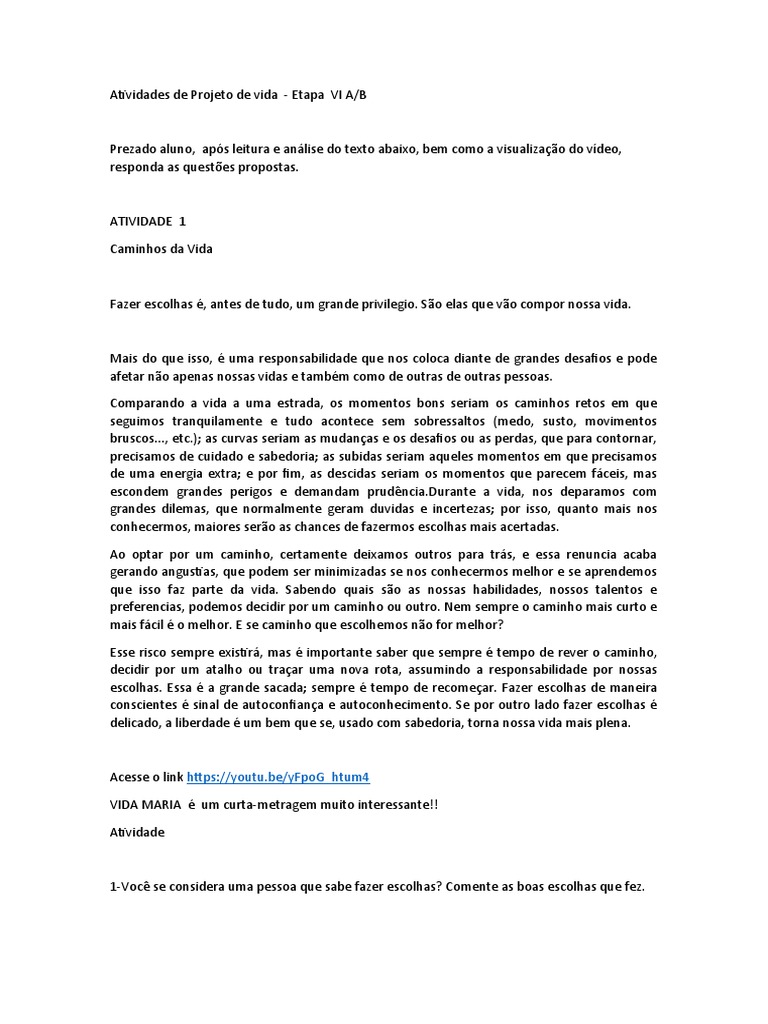 Atividade Sobre o Curta Metragem VIDA MARIA | PDF | Vida | Sabedoria