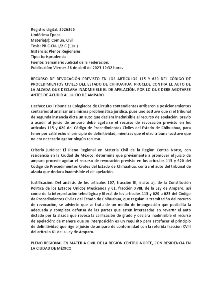 Recurso de Revocación Previsto en Los Artículos 115 y 620 Del Código de ...