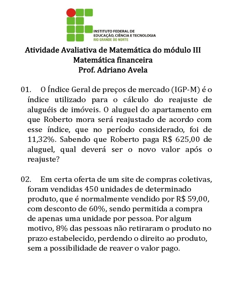 Atividade avaliativa de matemática financeira com 15 questões sobre juros compostos, descontos ...