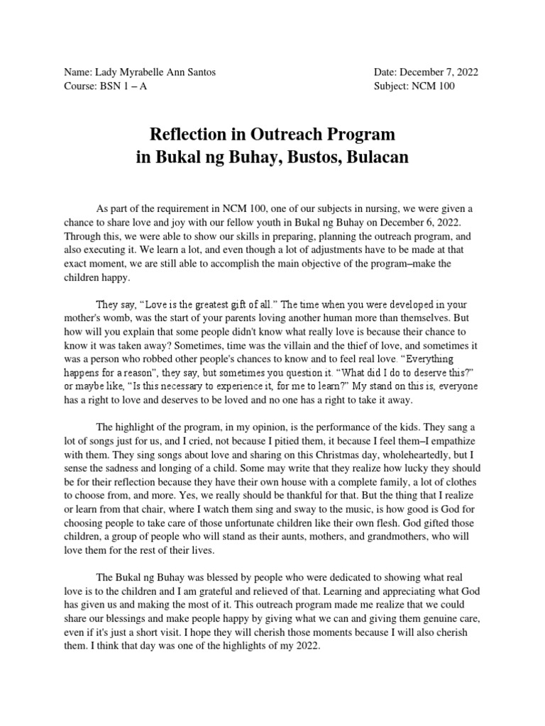 Outreach Reflection: Bukal ng Buhay | PDF