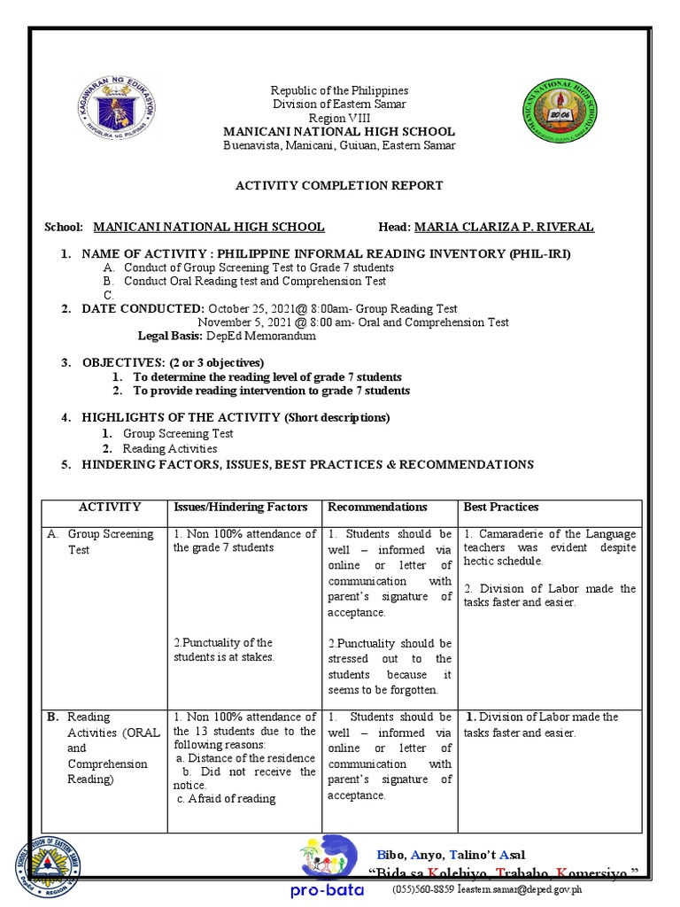 Manicani National High School PHIL-IRI Report | PDF | Cognitive Science ...