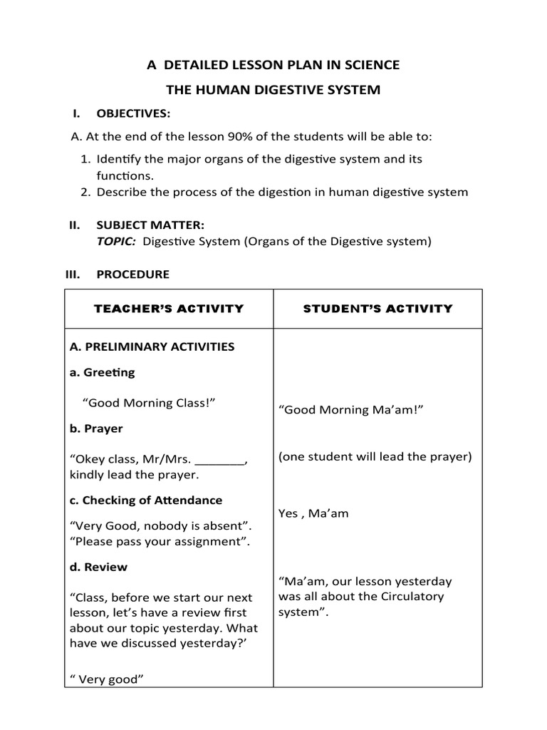 Detailed Lesson Plan: Human Digestive System | PDF | Digestion ...