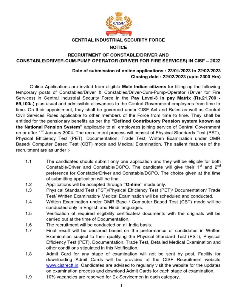 CISF Constable/Driver Recruitment 2022 | PDF | Identity Document | Driver's License