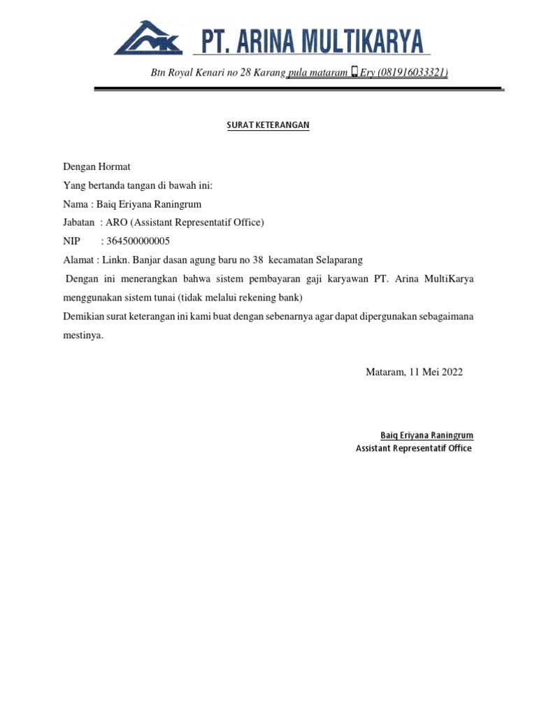 Surat Keterangan Gaji PT Arina MultiKarya | PDF