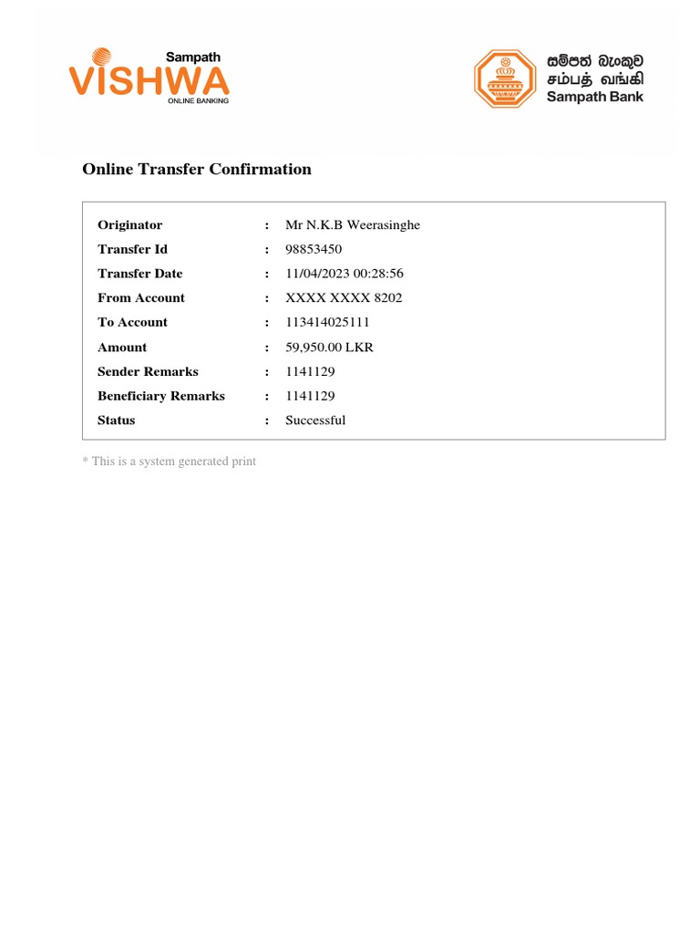 Online Transfer Confirmation | PDF