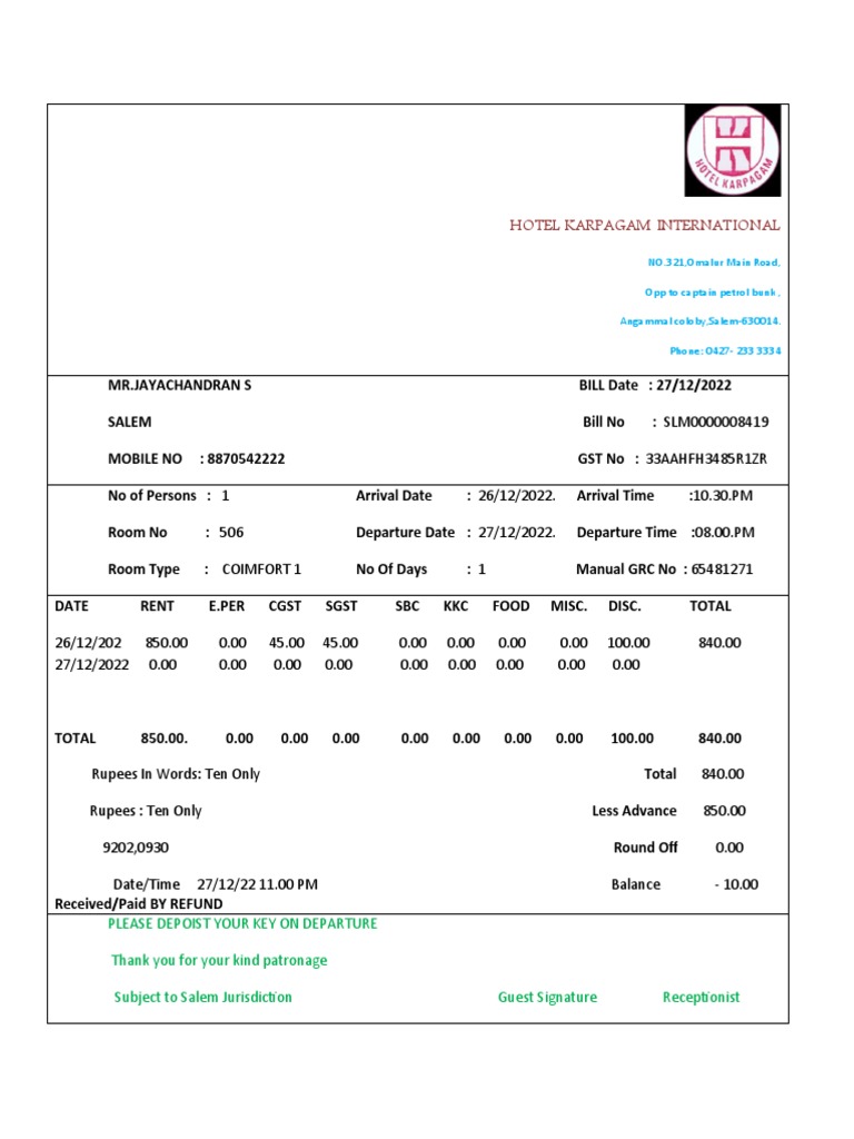 Hotel Karpagam International GST Bill | PDF