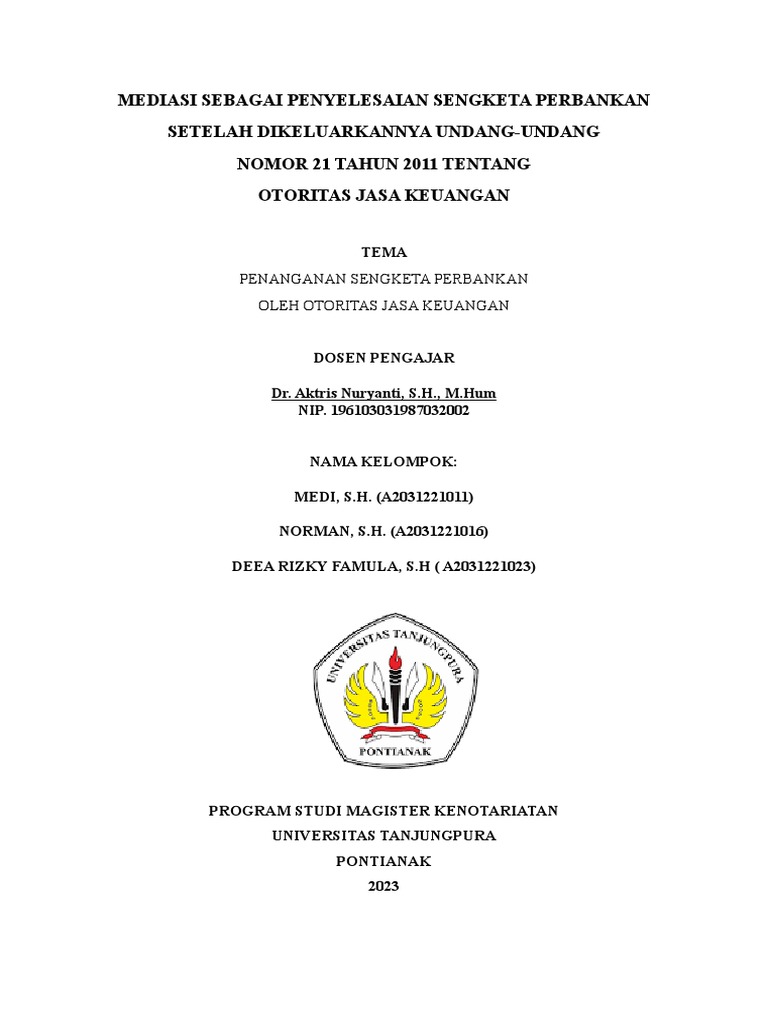Jurnal Hukum Perbankan Mediasi Sebagai Penyelesaian Sengketa Perbankan Setelah Dikeluarkannya 