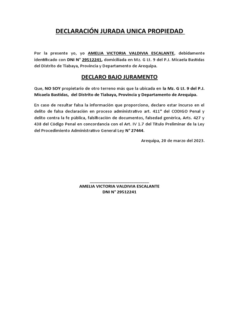 DECLARACIÓN JURADA DE un solo terreno | PDF
