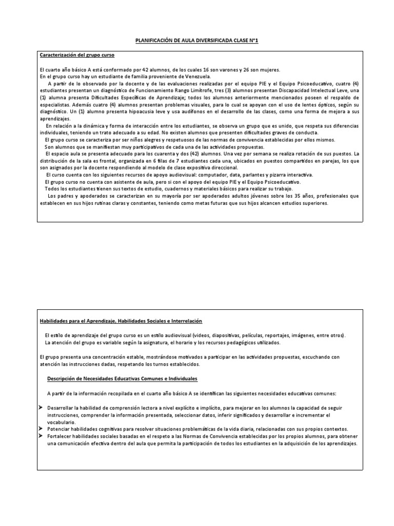 Planificación de Aula Diversificada Clase N°1 Caracterización Del Grupo Curso | PDF | Salón de ...