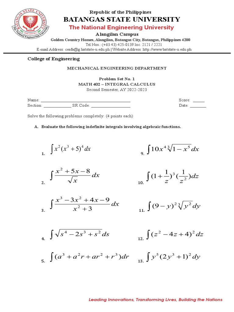 ALDRIN MALABANAN MATH 402 - Problem Set No. 01 | PDF