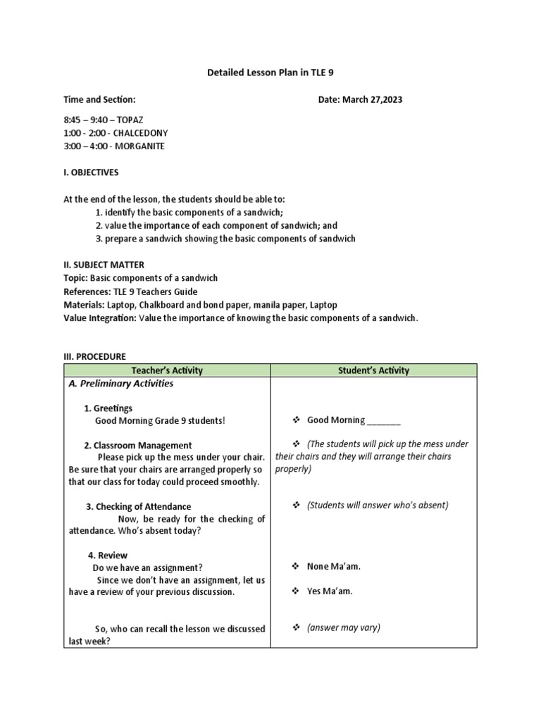 Detailed Lesson Plan in TLE 9: A. Preliminary Activities | PDF