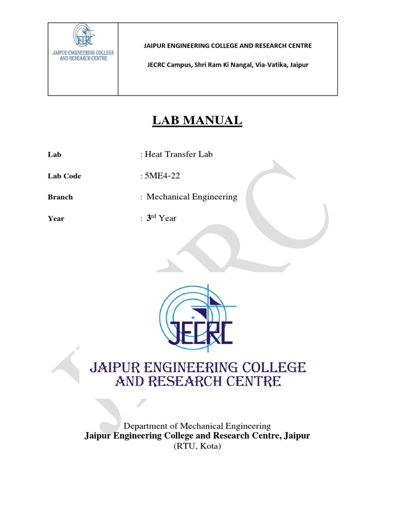 Lab Manual: Heat Transfer Lab 5ME4-22 Mechanical Engineering Year ...