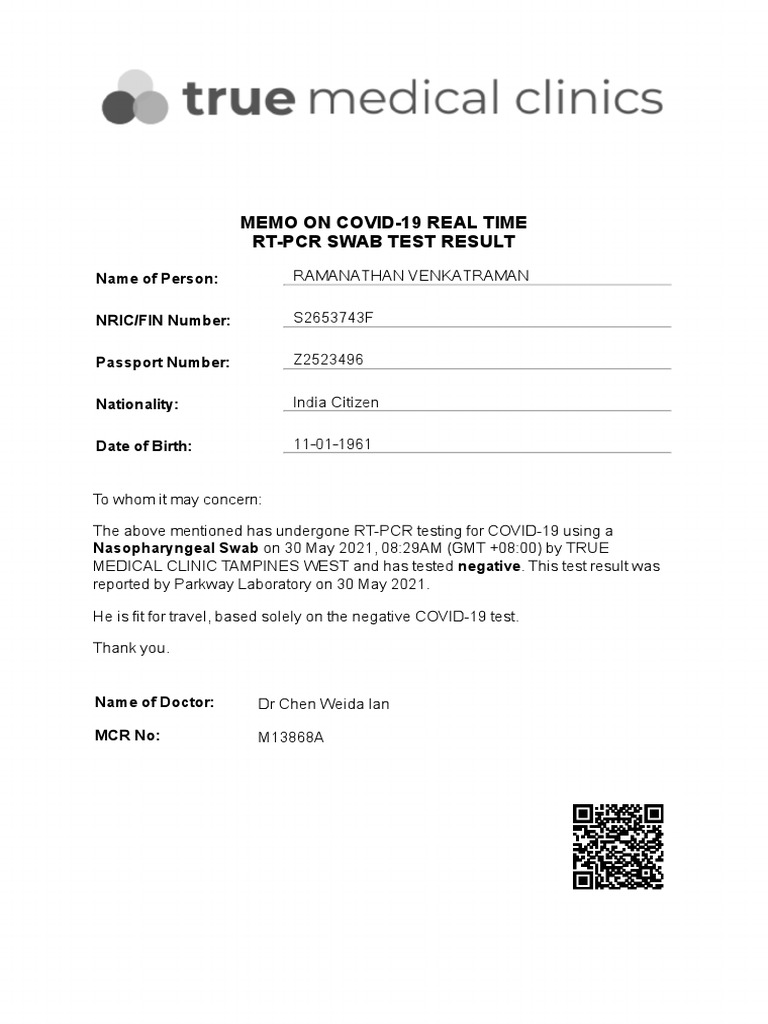 Memo On Covid-19 Real Time RT-PCR Swab Test Result: Name of Person | PDF