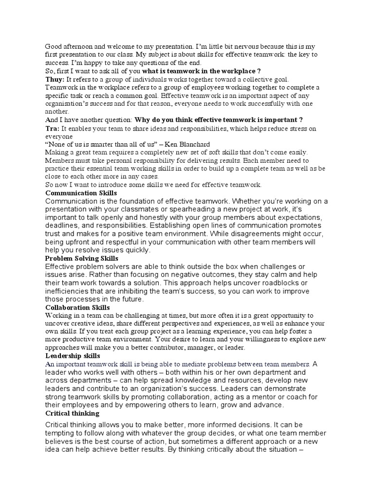 Skills For Effective Teamwork | PDF | Leadership | Critical Thinking