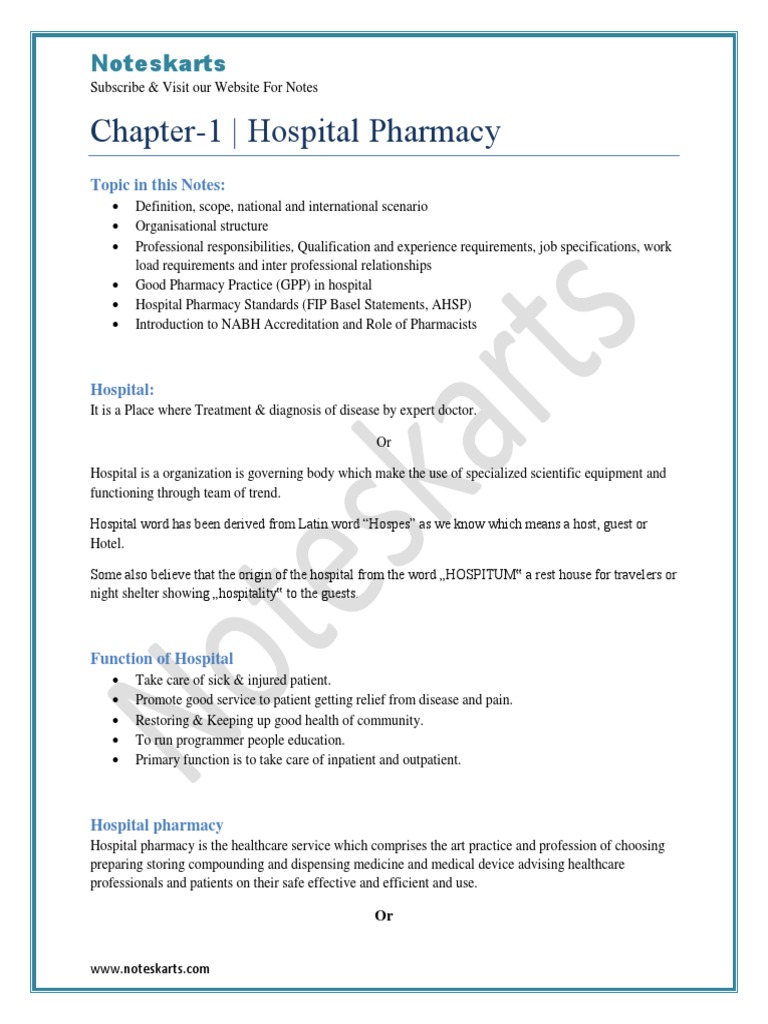 Chapter 1 Hospital and Clinical Pharmacy Choplete PDF Notes D.Pharma ...