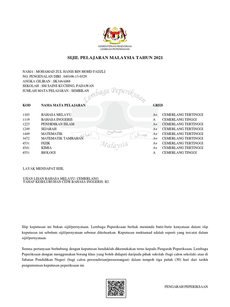 Sijil Pelajaran Malaysia Tahun 2021: KOD Nama Mata Pelajaran Gred | PDF