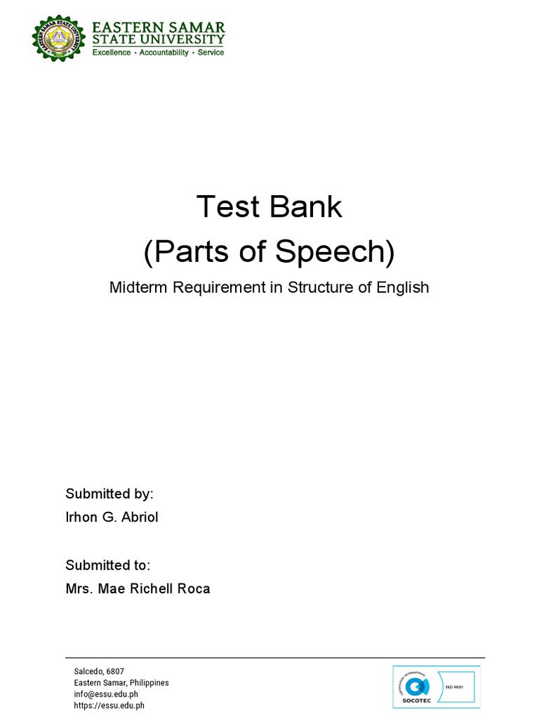 Parts of Speech Test Bank | PDF | Verb | Adverb