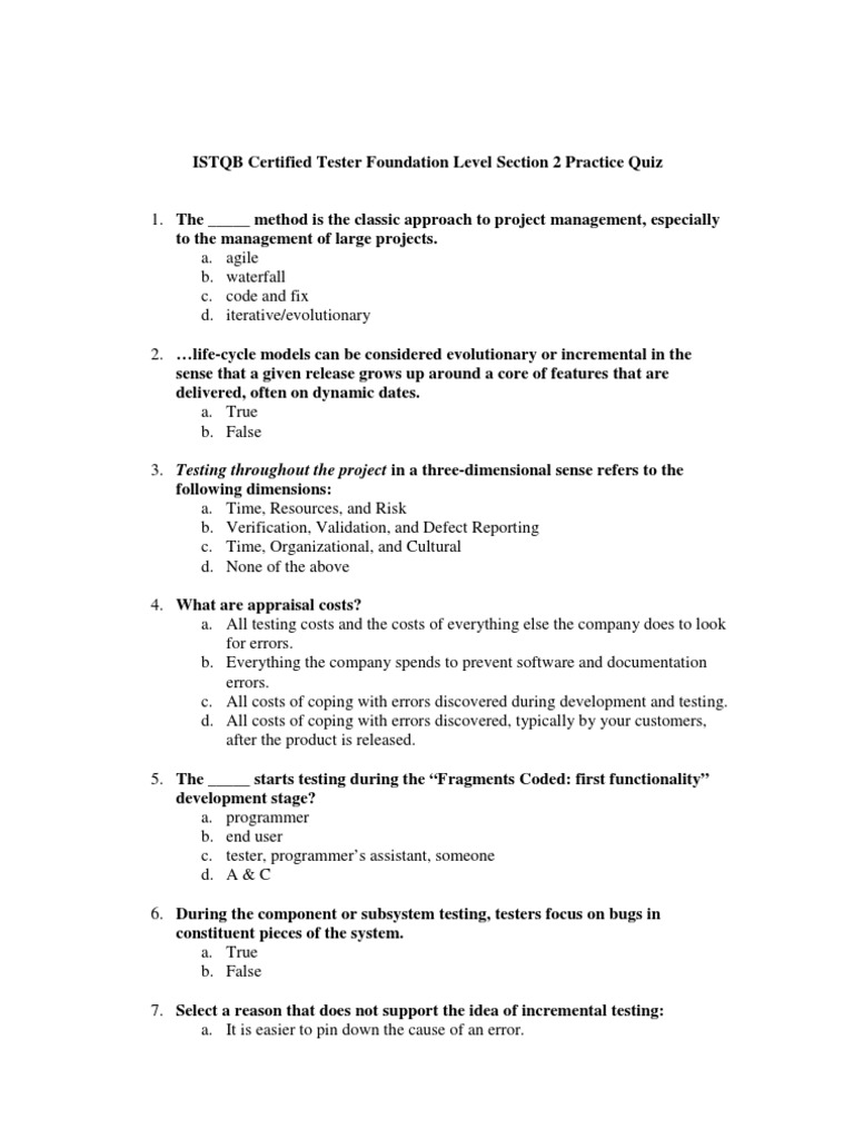 CTFL Practice Quiz: Section 2 Questions | PDF | Software Testing ...