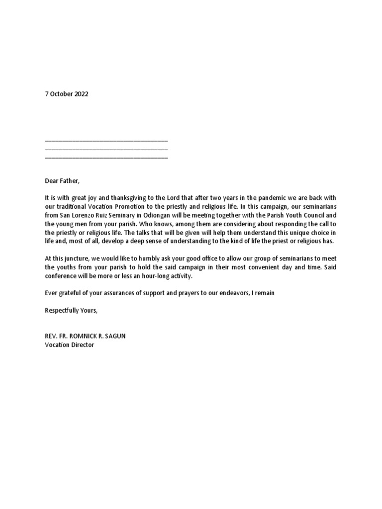 Letter For Vocation Campaign - Parish Priest | PDF