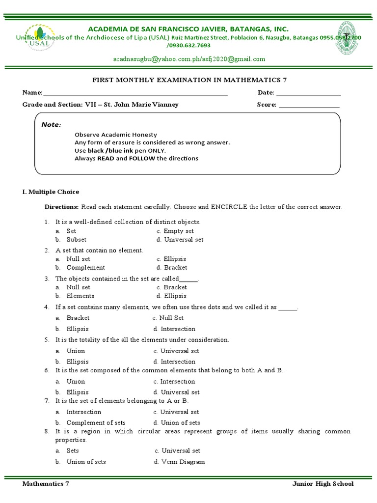 Math 7 - First Monthly Test | PDF | Set (Mathematics) | Mathematical Logic