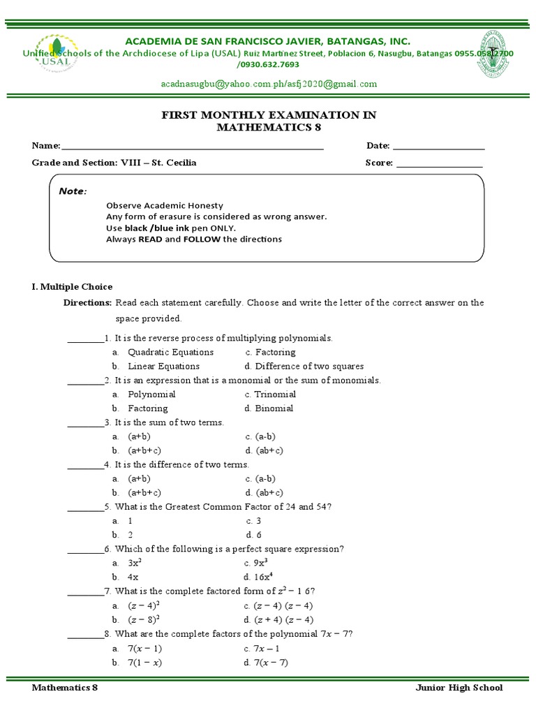 Math 8 - First Monthly Test | PDF | Factorization | Polynomial