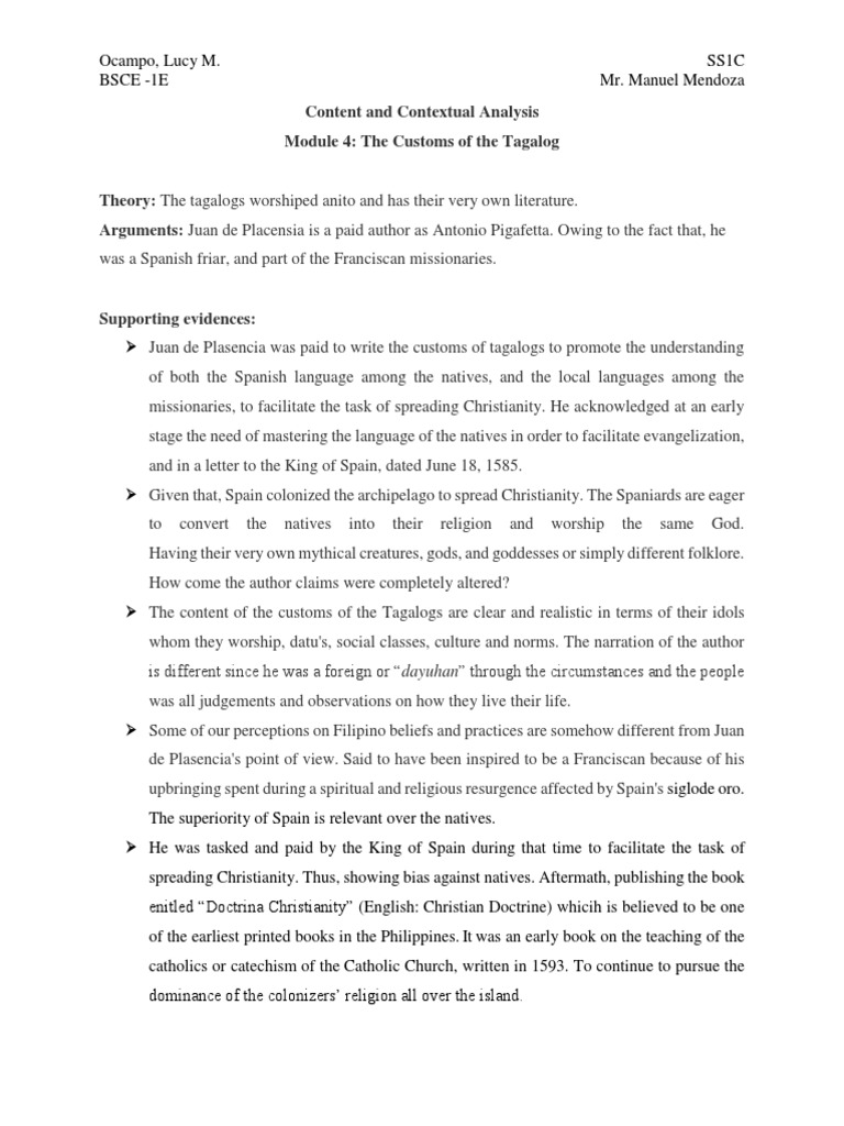 The Customs of The Tagalog - Analysis/Essay | PDF